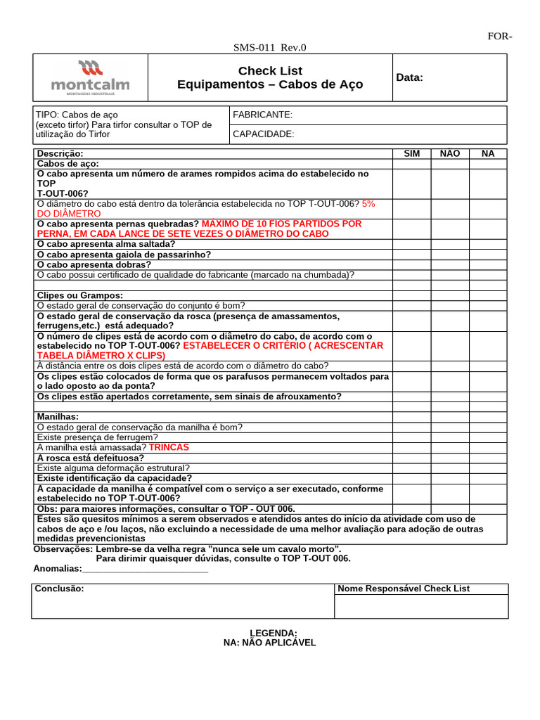 FOR-SMS-011-Check List Equip. Cabo de A+ºo OK | PDF
