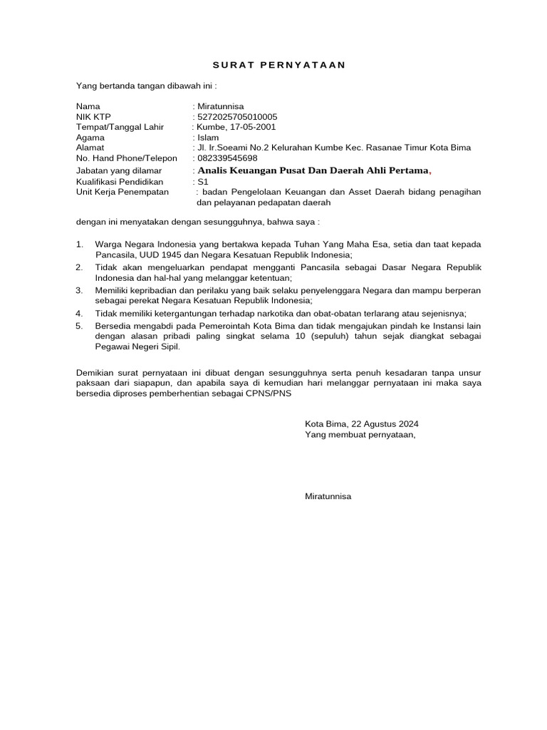Surat Pernyataan Bersedia Mengabdi Pada Pemerintah Kota Bima Paling Singkat Selama 10 Tahun | PDF