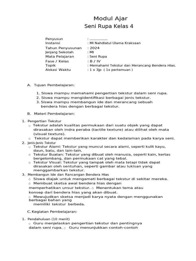 Modul Ajar Seni Rupa Kelas 4 Sd Memahami Tekstur Dan Merancang Bendera