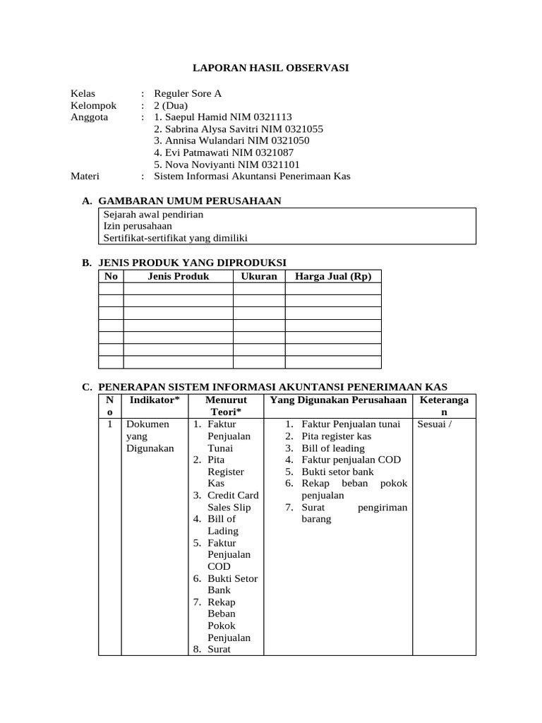 Lap Hasil Observasi Sia Penerimaan Kas | PDF