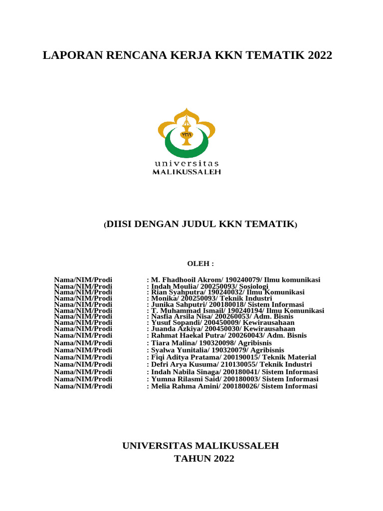 Laporan Rencana Kerja KKN Tematik 2022 | PDF
