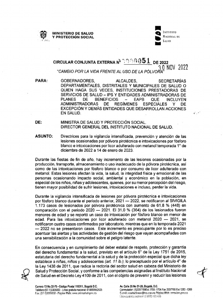 Circular Externa No. 051 de 2022 - Directrices para La Vigilancia Prevención Lecione | PDF
