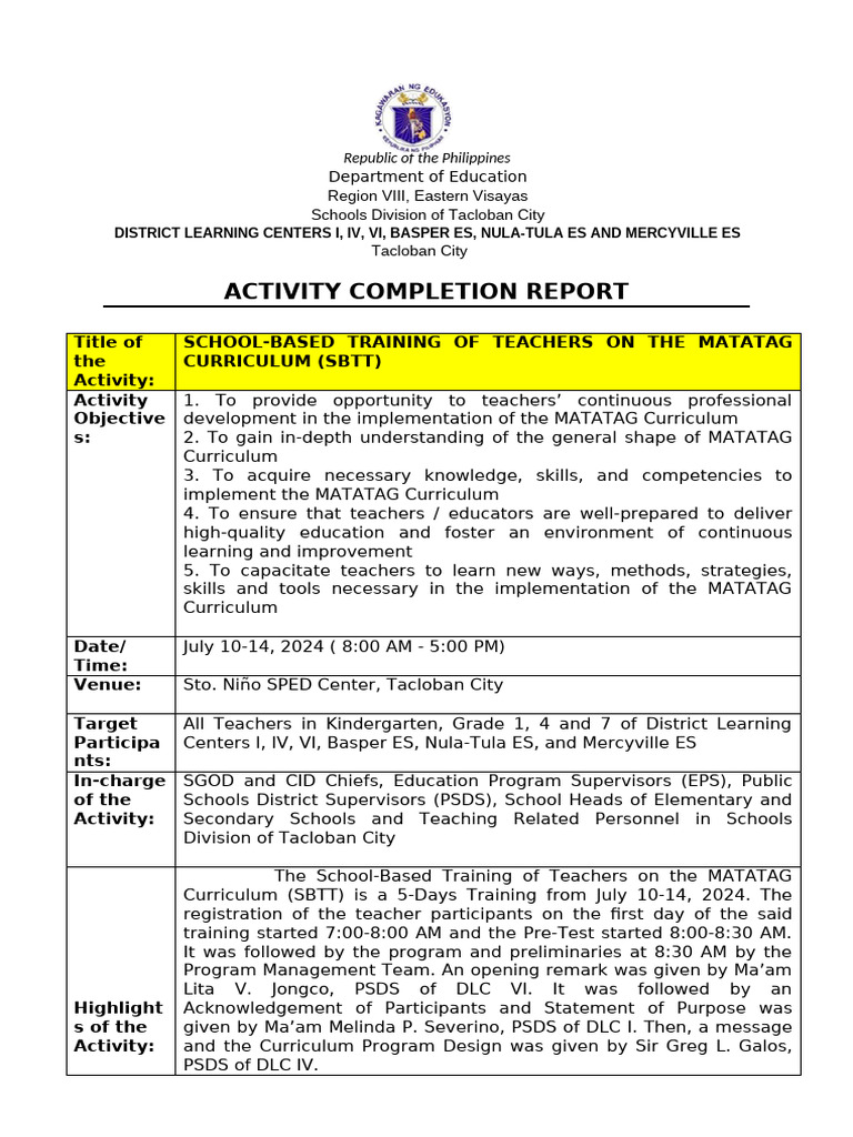 Acr On Schoo Based Training of Teachers On The Matatag Curriculum (SBTT ...