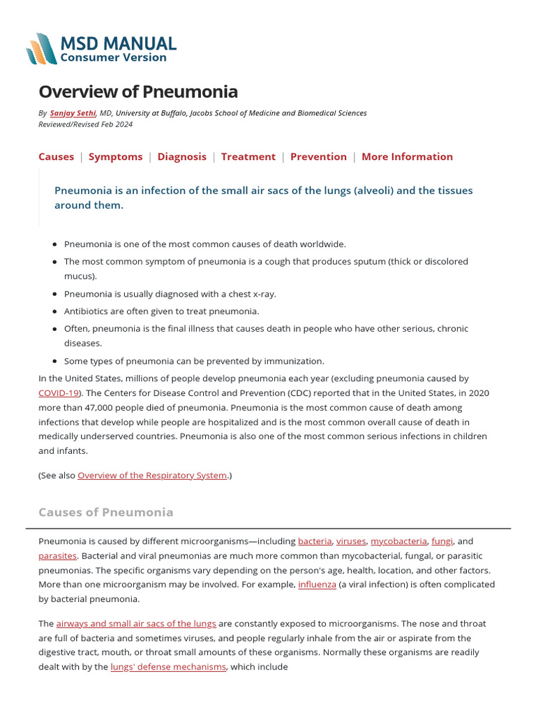 Overview of Pneumonia - Lung and Airway Disorders - MSD Manual Consumer Version | PDF