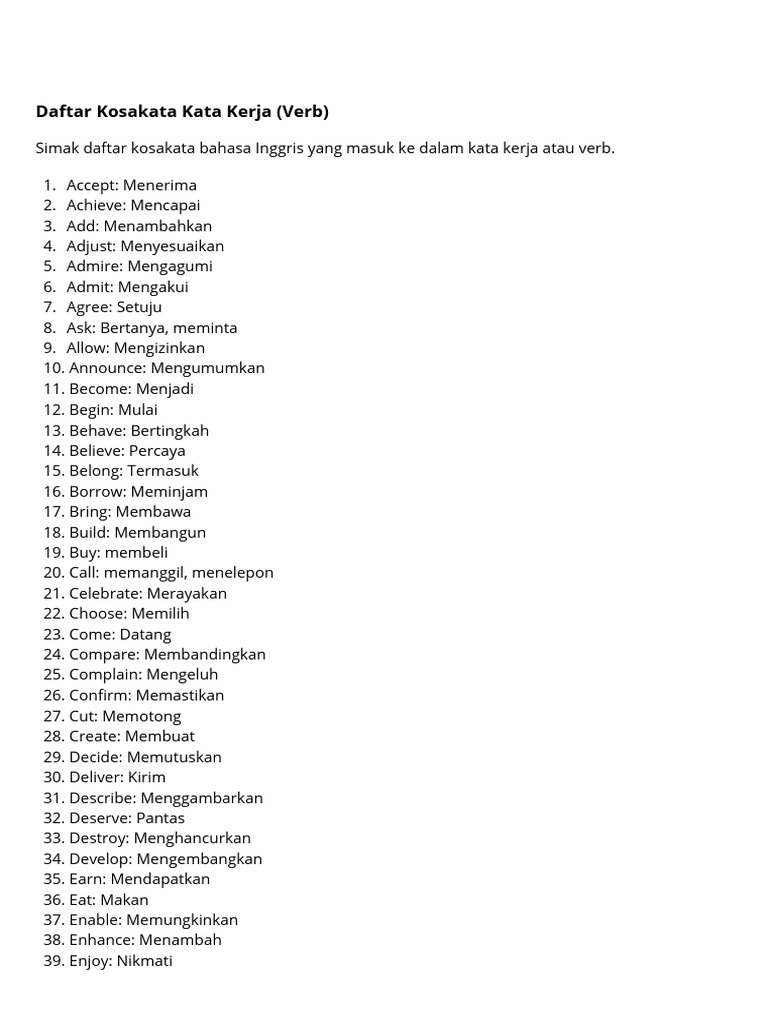 Daftar Kosakata Kata Kerja (Verb) | PDF | Perjalanan | Kajian Bahasa Asing