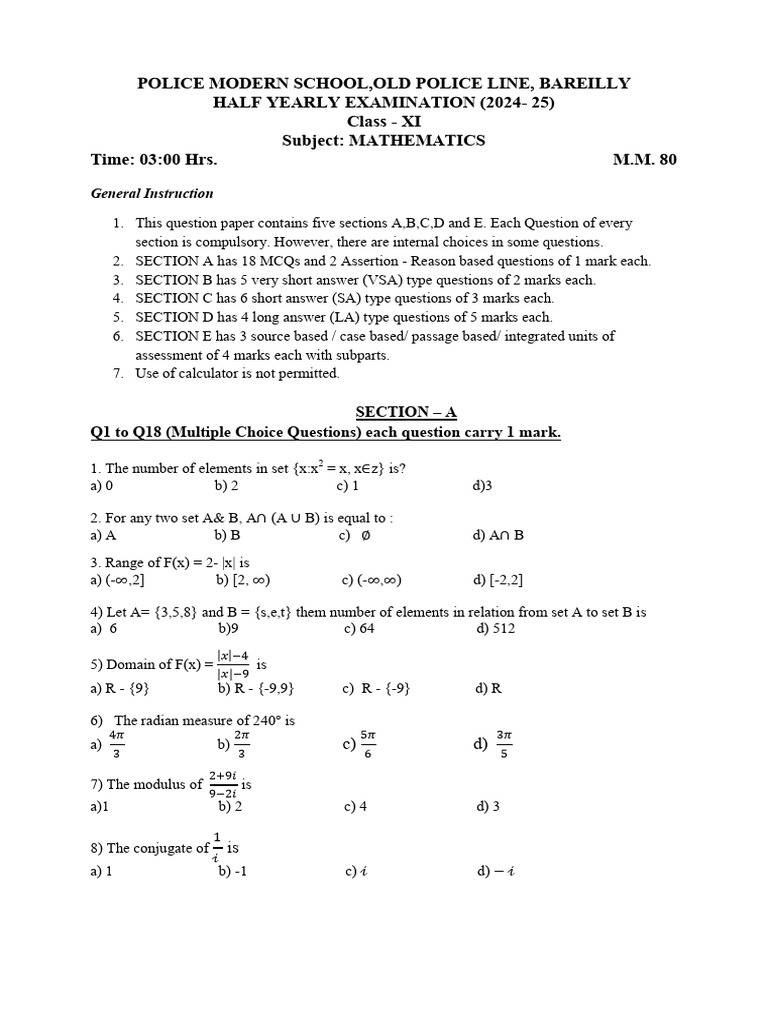 Mathematics XI Half Yearly Paper 2024 - 25 | PDF | Mathematical ...