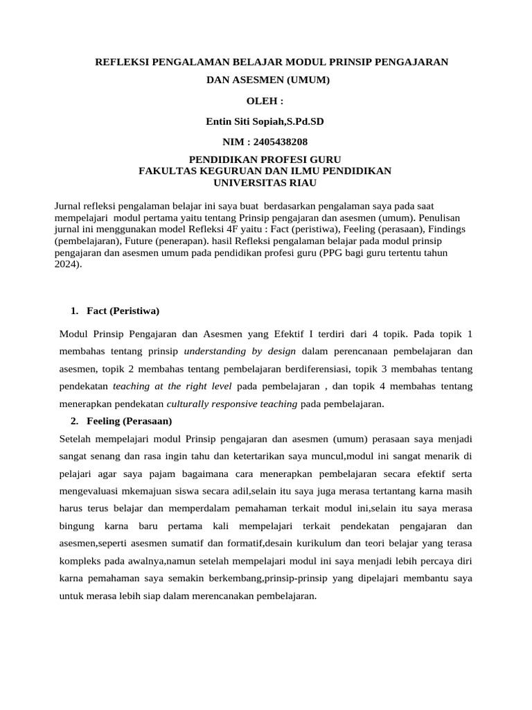 Jurnal Refleksi Pembelajaran-Pengajaran Dan Asesmen (Umum) Entin Siti ...