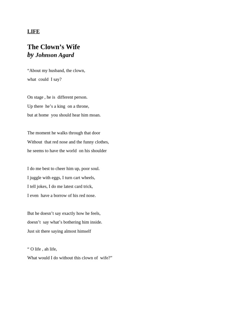 The Clown's Wife - Johnson Agard | PDF