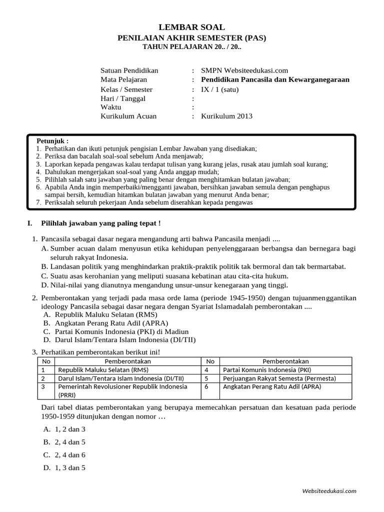 Soal PAS PKN Kelas 9 K13 | PDF