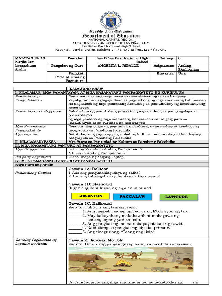 Lesson Exemplar - Q1-Day 2 (Paleolitiko) .Docxweek4 | PDF