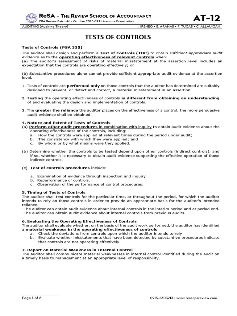 At 12 Tests of Controls | PDF