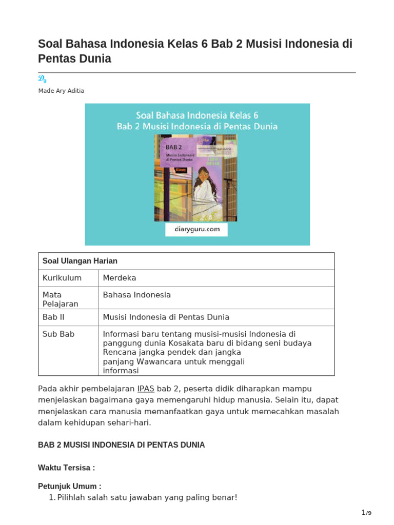 Soal Bahasa Indonesia Kelas 6 Bab 2 Musisi Indonesia Di Pentas Dunia | PDF