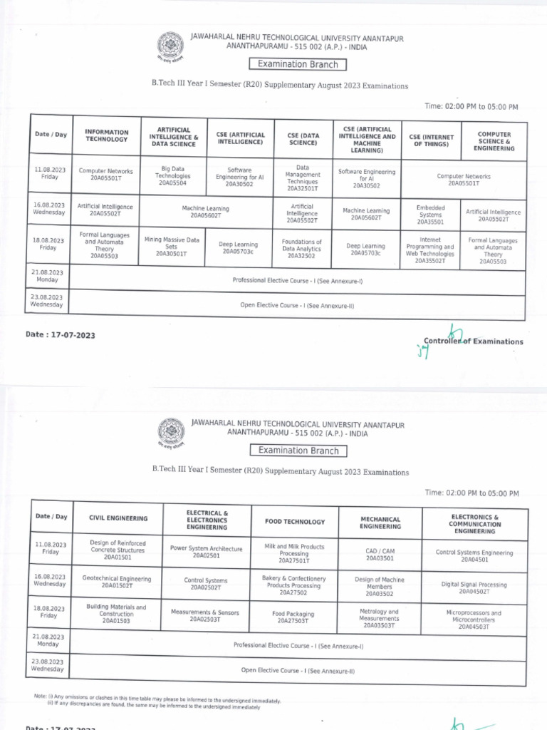 Timetables For B.Tech III Yr I Sem August 2023 Exams | PDF