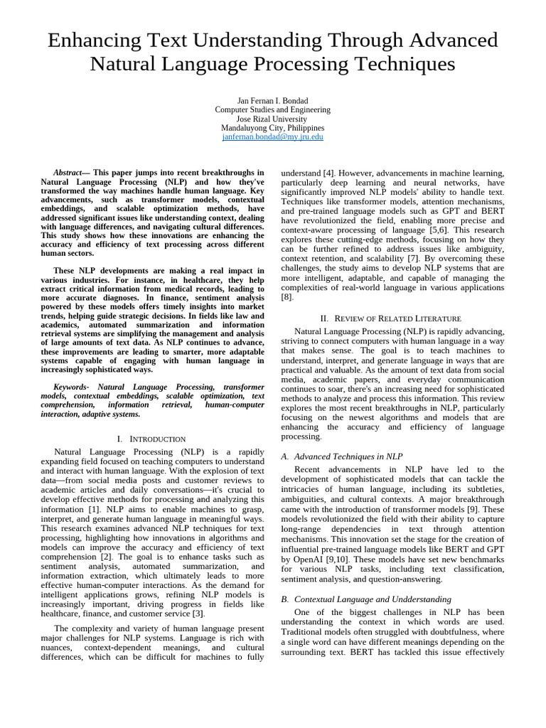 BondadJ - Enhancing Text Understanding Through Advanced Natural Language Processing Techniques | PDF