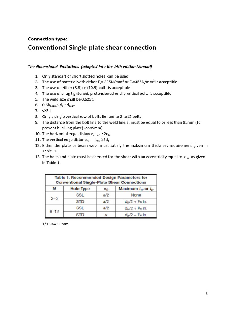 Conventional Single Plate Shear Connection | PDF