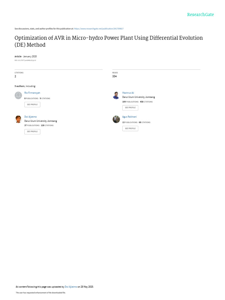 Optimization of AVR in Micro-Hydro Power Plant Using Differential Evolution (DE) Method | PDF