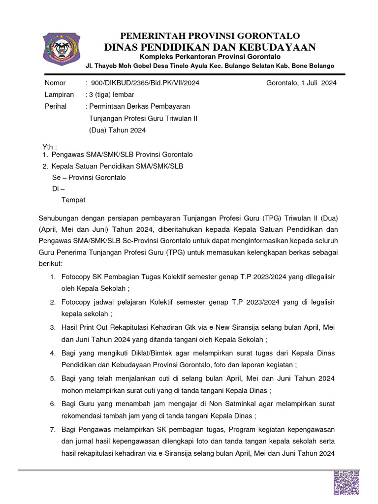 Surat Pemberkasan TPG TW 2 Tahun 2024 | PDF