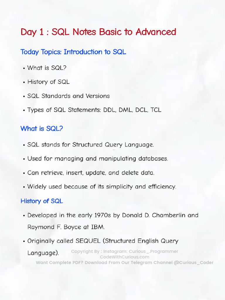 Day 1 of SQL Short Notes (Introduction) | PDF