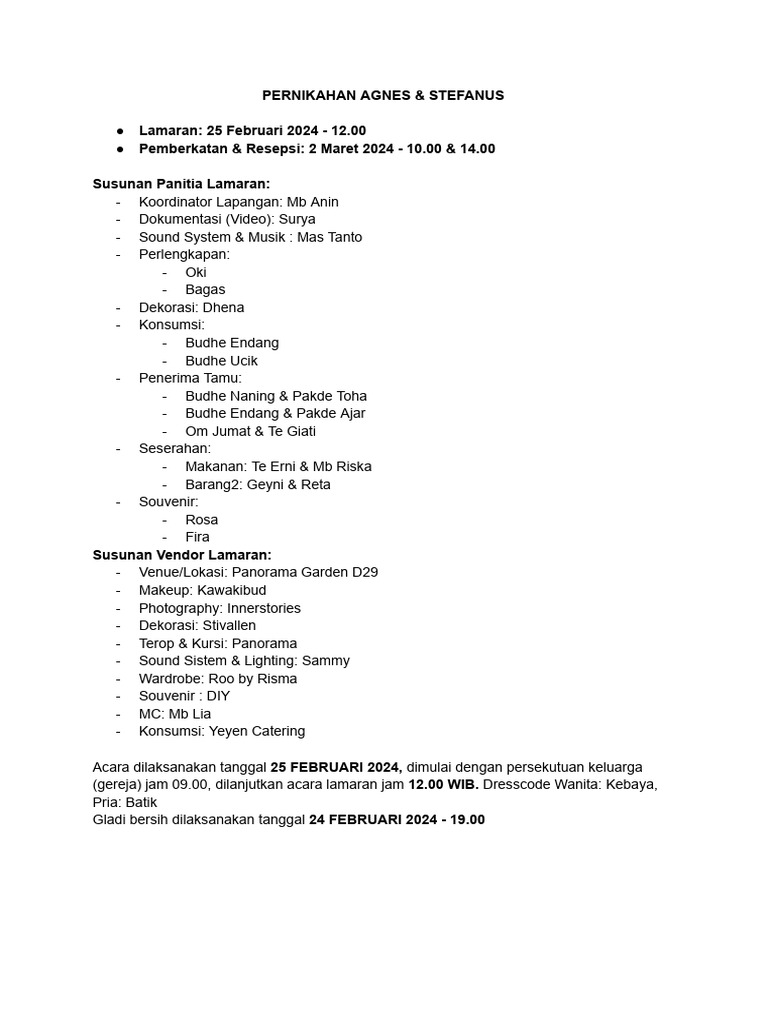Panduan Acara Pernikahan Agnes & Stefanus | PDF