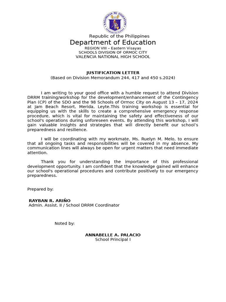 DRRM Training JUSTIFICATION LETTER | PDF