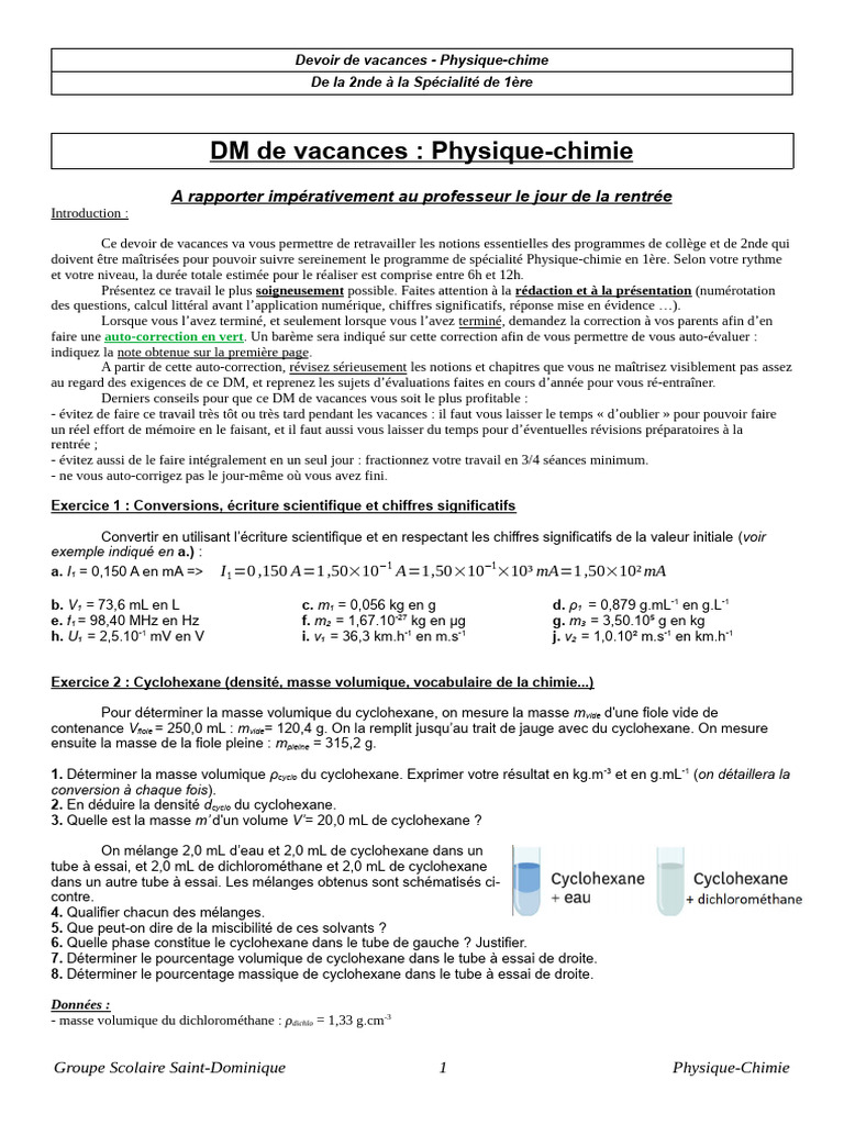 2nde Vers 1ere Spe PC DM de Grandes Vacances | PDF