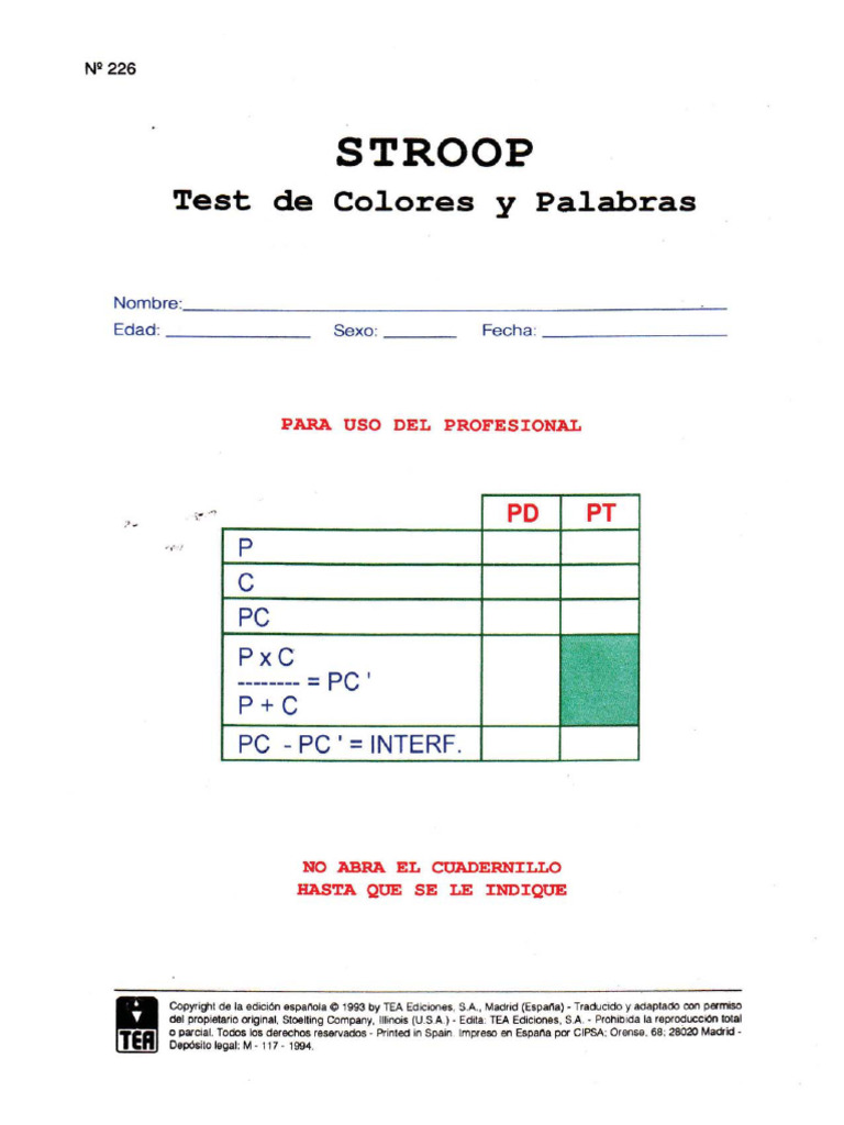 Cuadernillo Test Stroop (Tea Ed.) | PDF