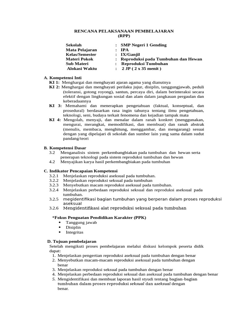RPP. 2 (Sistem Reproduksi Hewan dan Tumbuhan) fix | PDF