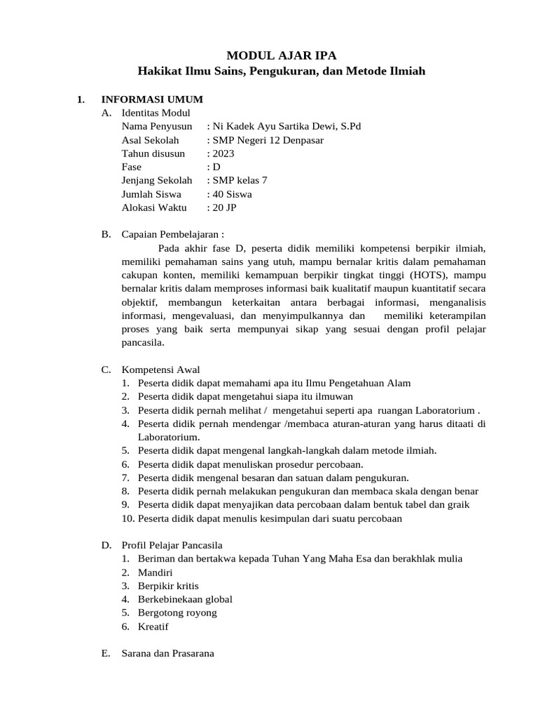 MODUL Ajar Hakikat Ilmu Sains, Pengukuran, Dan Metode Ilmiah | PDF