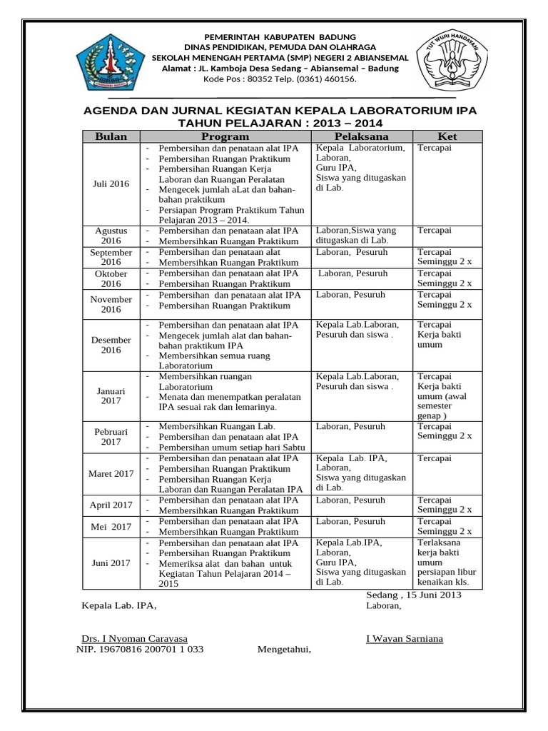 Agenda Dan Iurnal Kep - Lab. | PDF