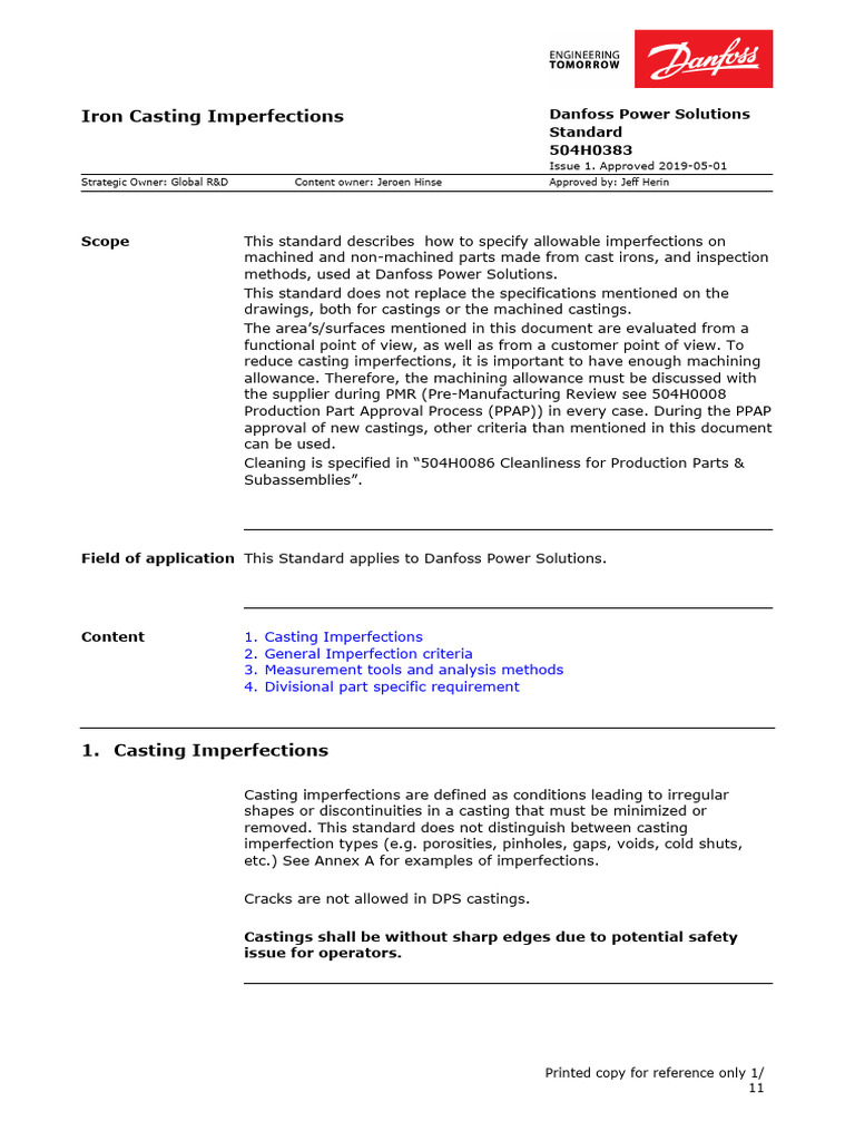 Iron Casting Imperfections: Danfoss Power Solutions Standard 504H0383 | PDF