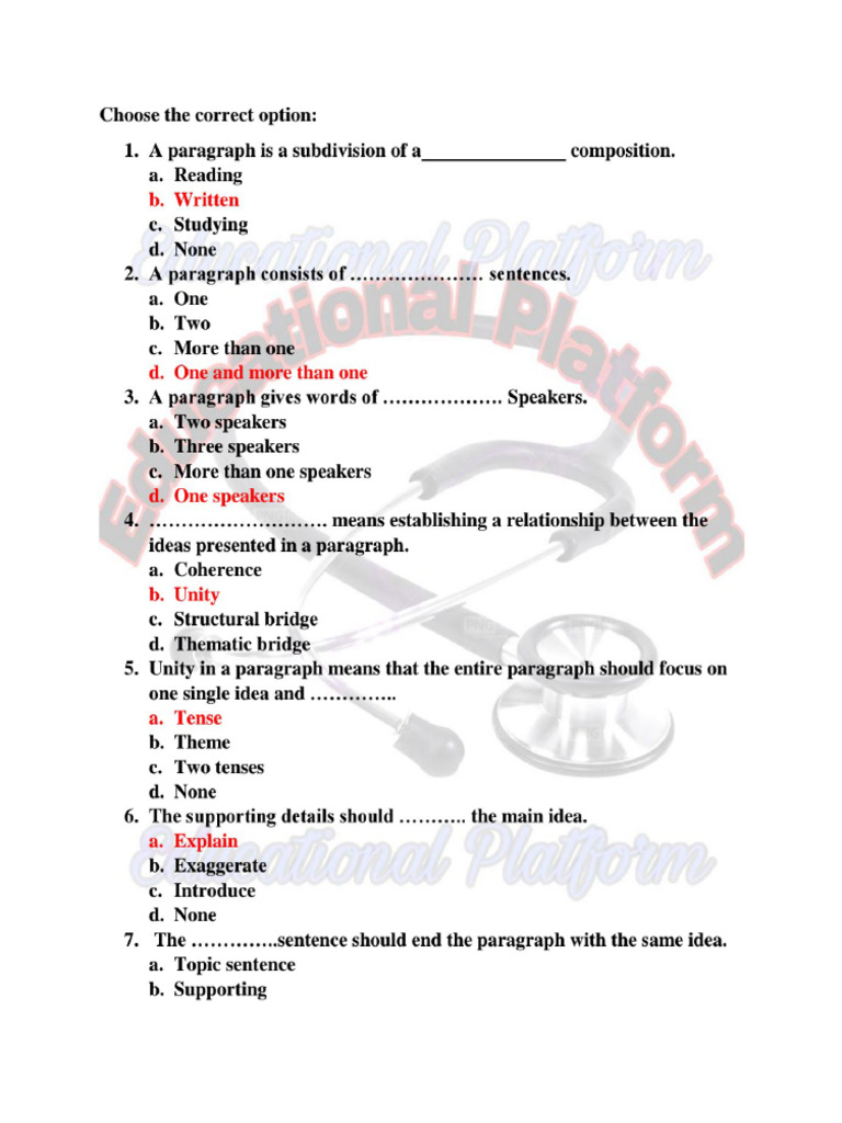 English (Paragraph) 2nd Semester BSN MCQS, Educational Platform | PDF