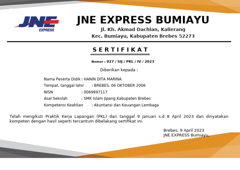SERTIFIKAT PKL AKL JNE Bumiayu-Hanin | PDF