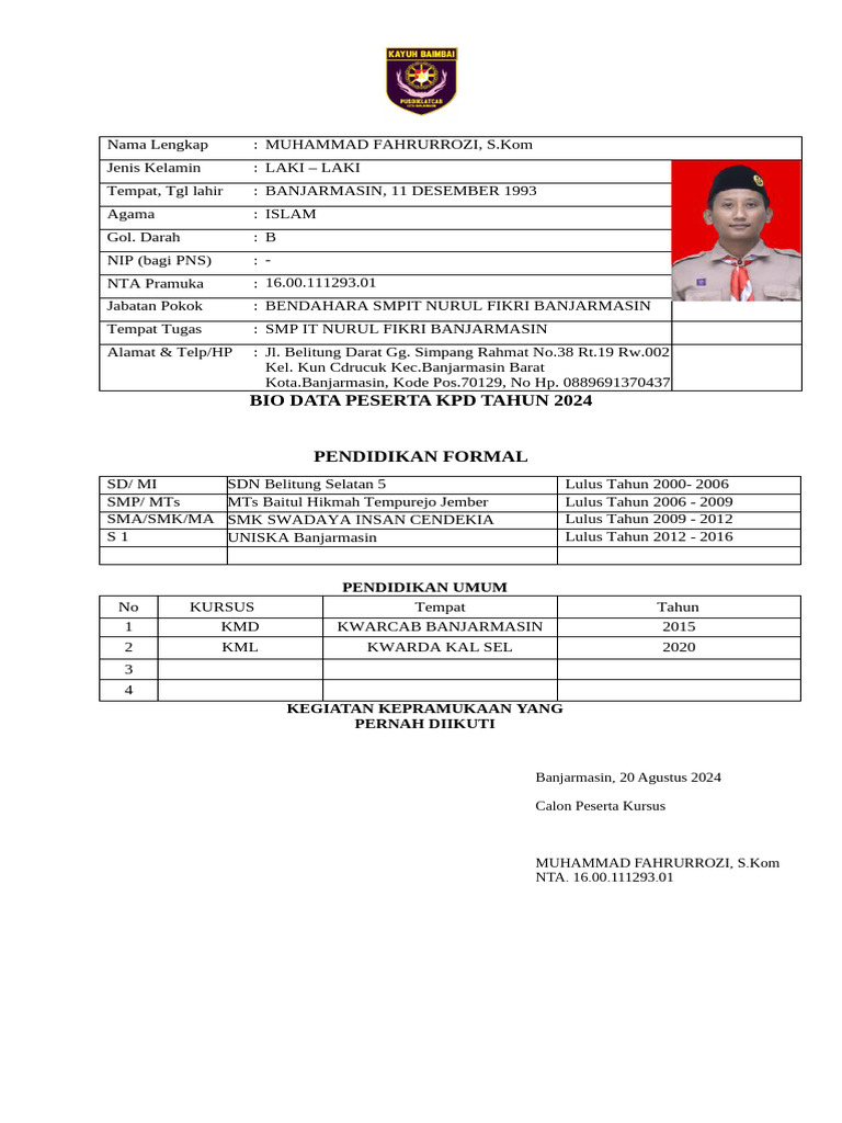 Biodata Peserta KMD & KML Tahun 2024 | PDF