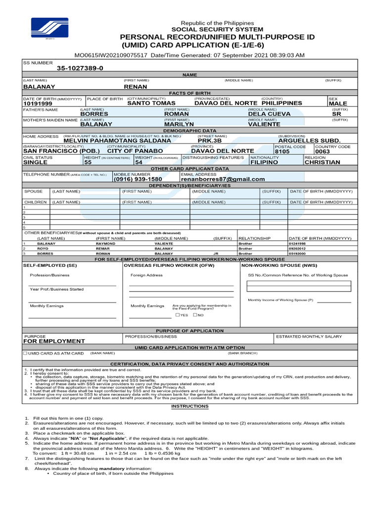 Personal Record/Unified Multi-Purpose Id (Umid) Card Application (E-1/E ...