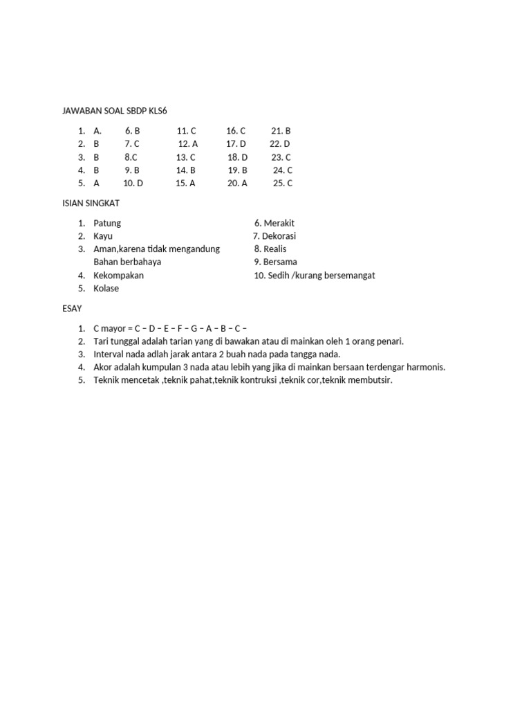 Jawaban Soal SBDP KLS6 | PDF