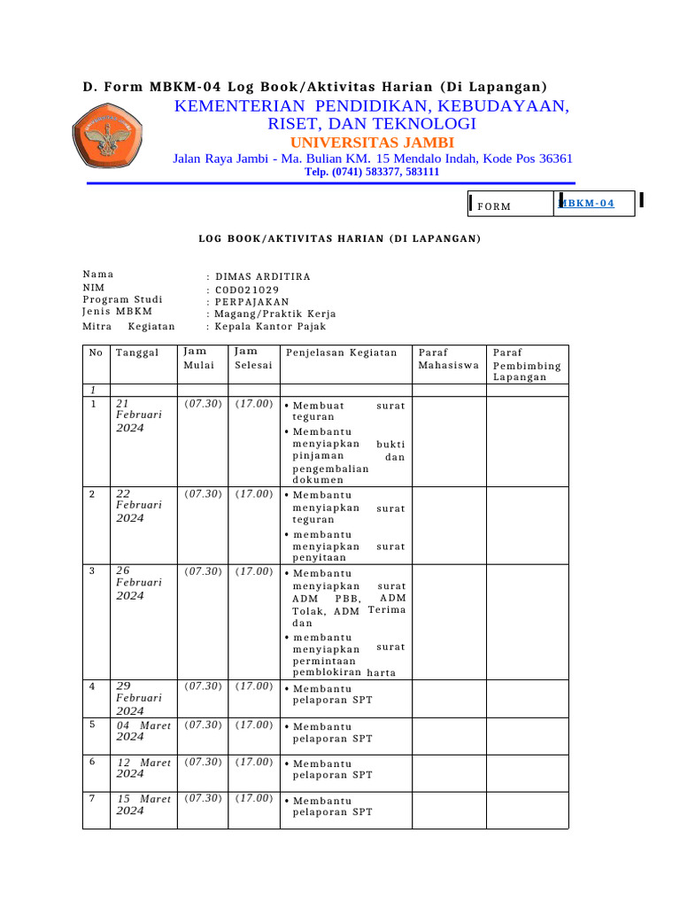 D. Form MBKM-04 Log Book Atau Aktivitas Harian (Di Lapangan) | PDF