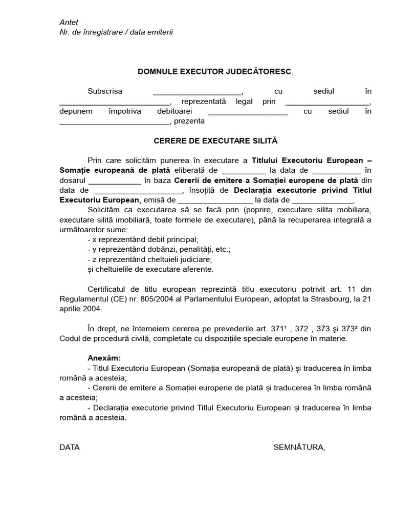 Cerere de Executare Silita Titlu Executoriu European | PDF