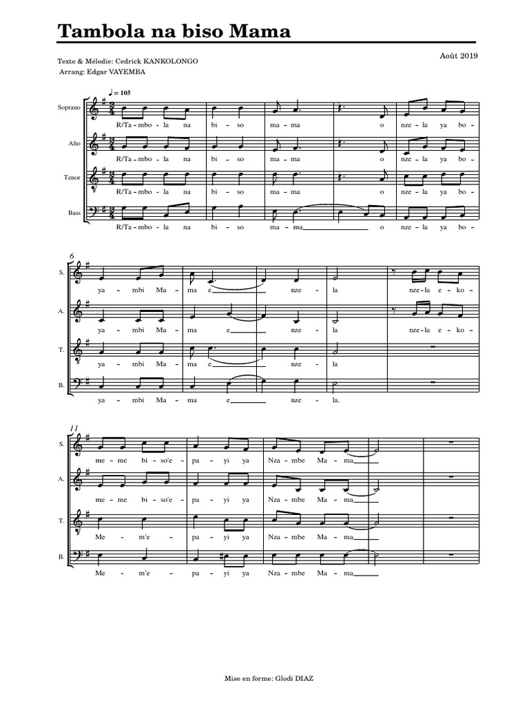 Tambola Na Biso Mama Cedrick Kankolongo Arr - Edgar Vayemba | PDF