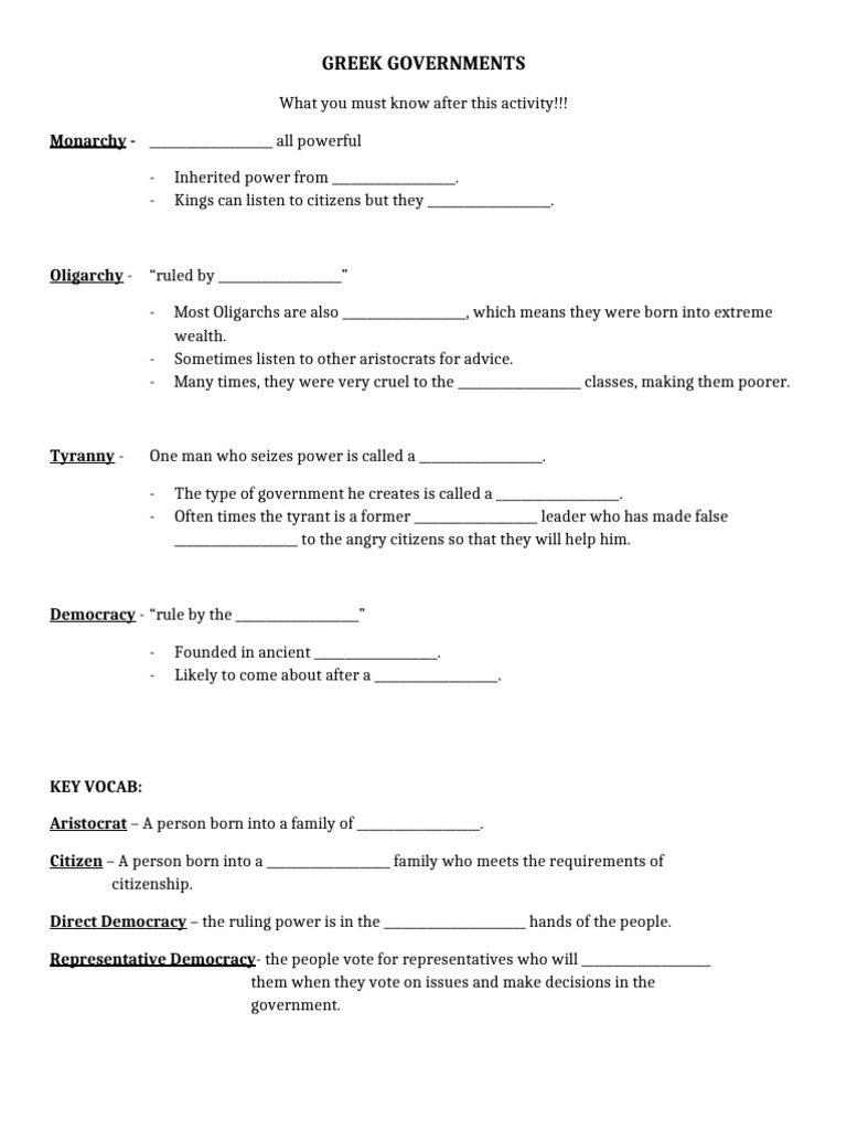 GREEK GOVERNMENTS Notes and Key | PDF