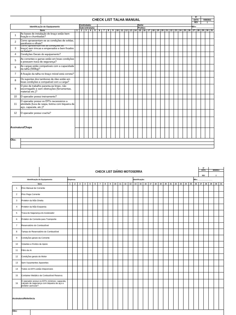 Check List Diario Varios Modelos Equipamentos | PDF