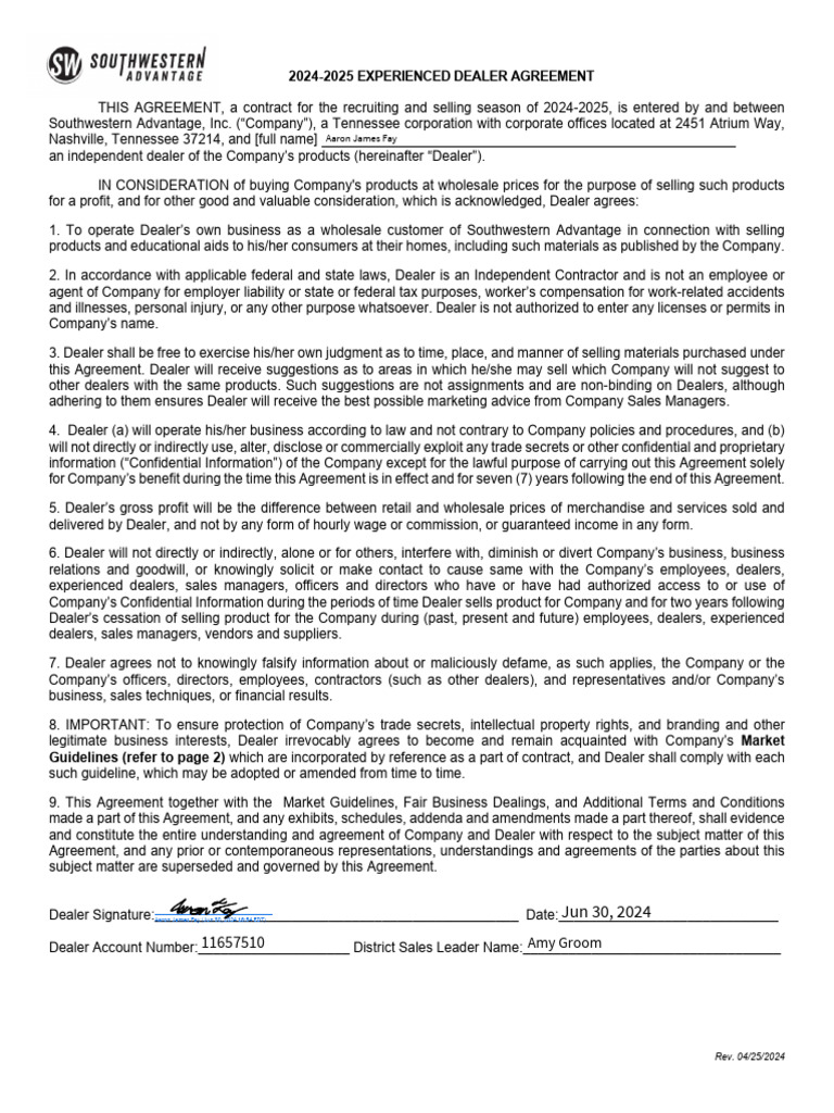 2024 2025 Experienced Dealer Agreement Encrypted Pdf