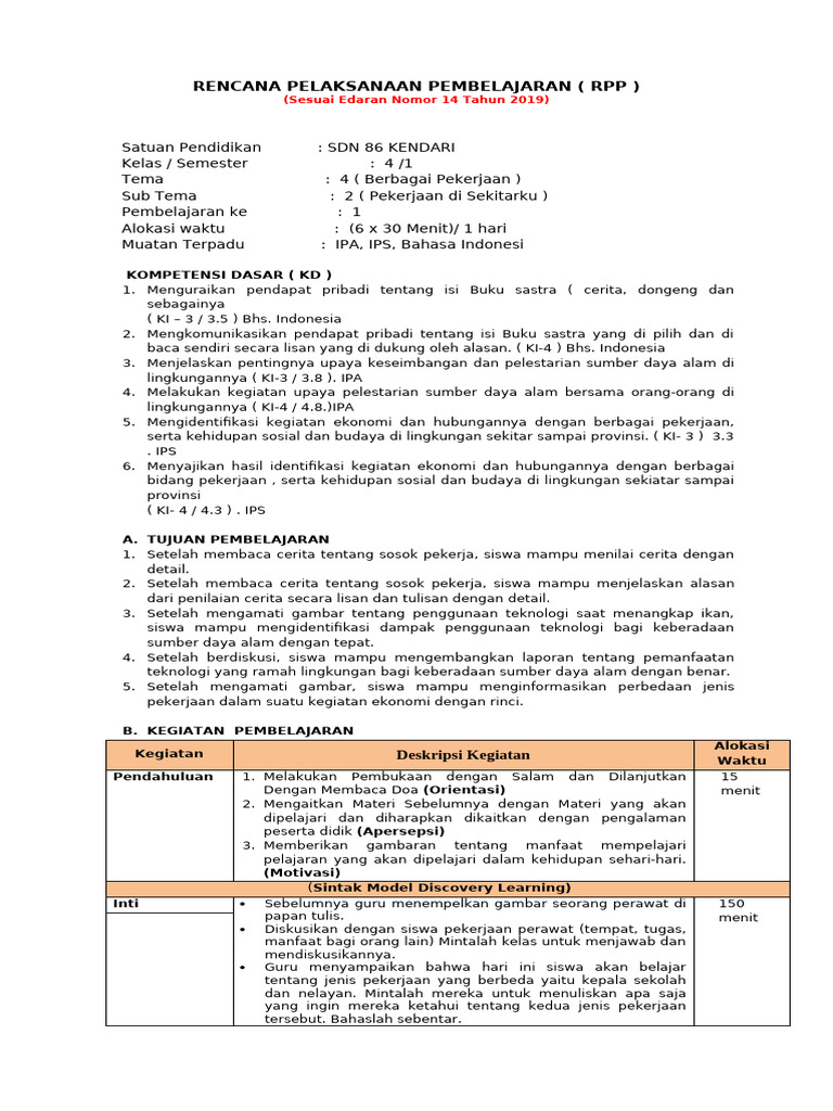 RPP Kelas 4 Tema 4 Thun 2021 | PDF