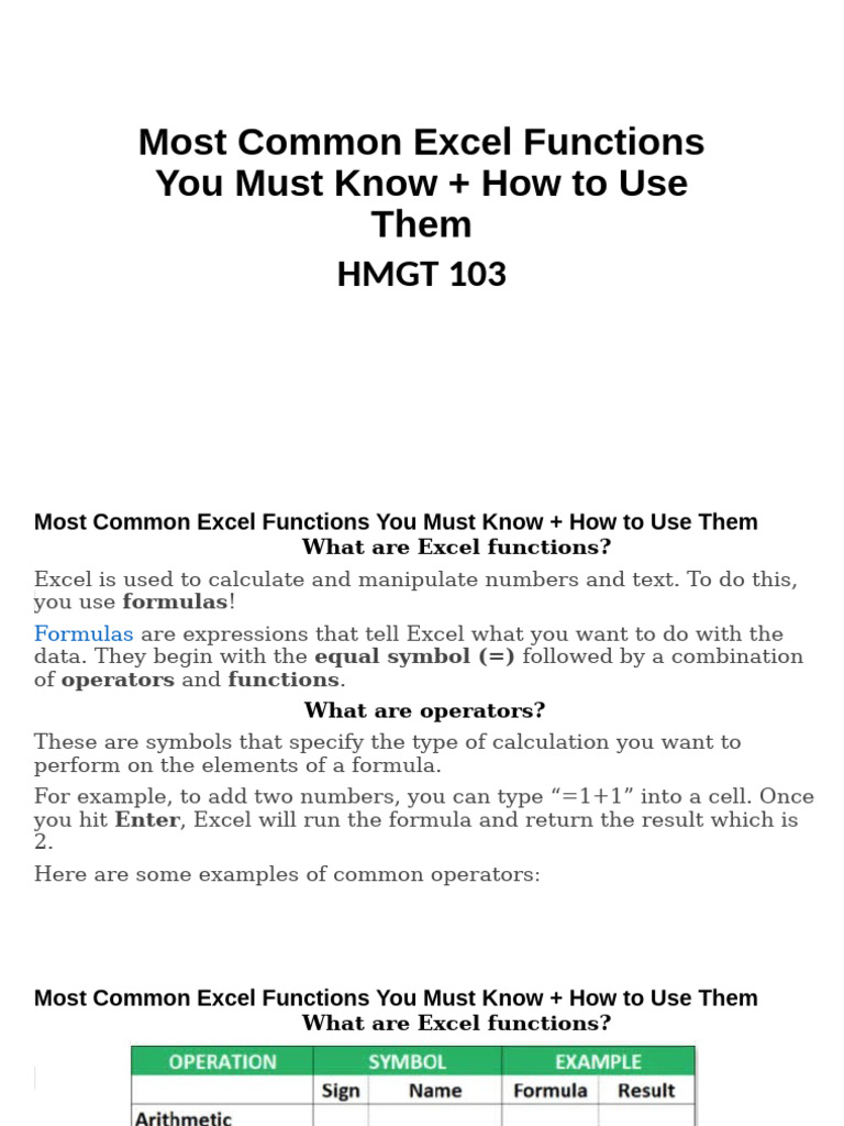 Most Common Excel Functions You Must Know + How To Use Them | PDF