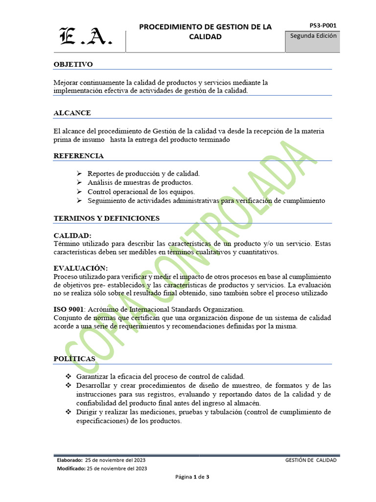 Procedimiento Gestión de Calidad | PDF | Calidad (comercial) | Tecnología