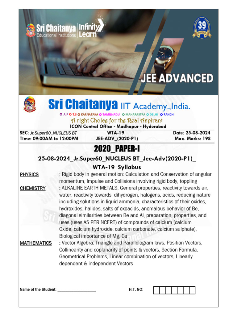 25-08-2024 - JR - Super60 - NUCLEUS BT - Jee-Adv (2020-P1) - WTA-19 - Q ...