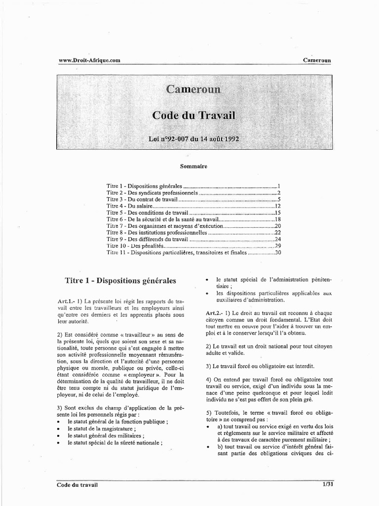 Code Du Travail - Cameroun | PDF