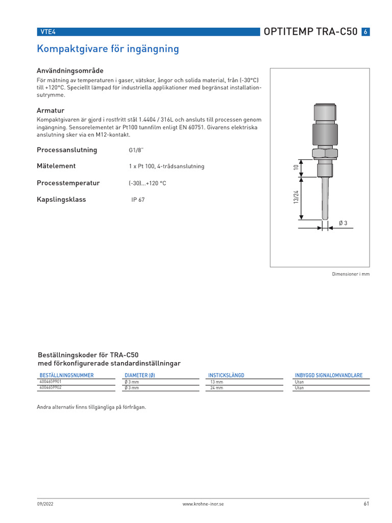 Katalogblad Optitemp Tra c50 Sv | PDF