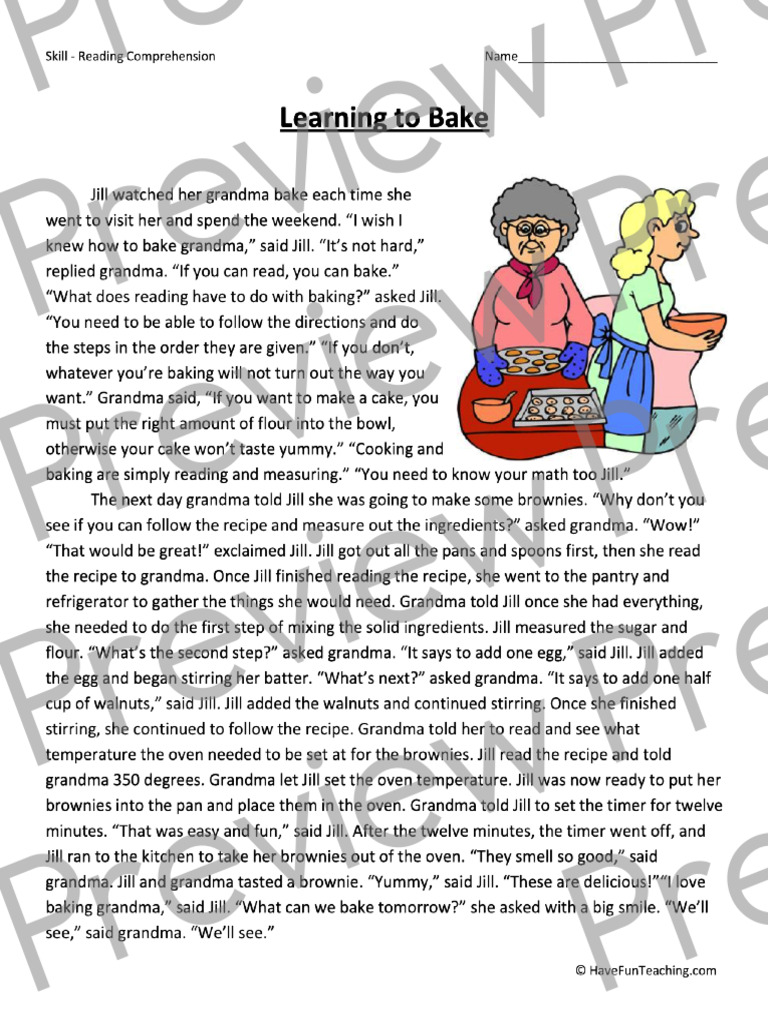 Learning To Bake Fourth Grade Reading Comprehension Worksheet Preview ...