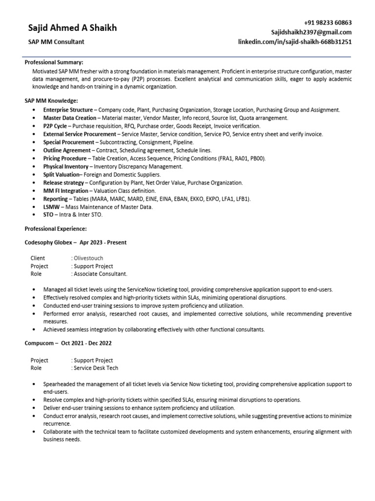 CV Sajid Shaikh SAP MM | PDF