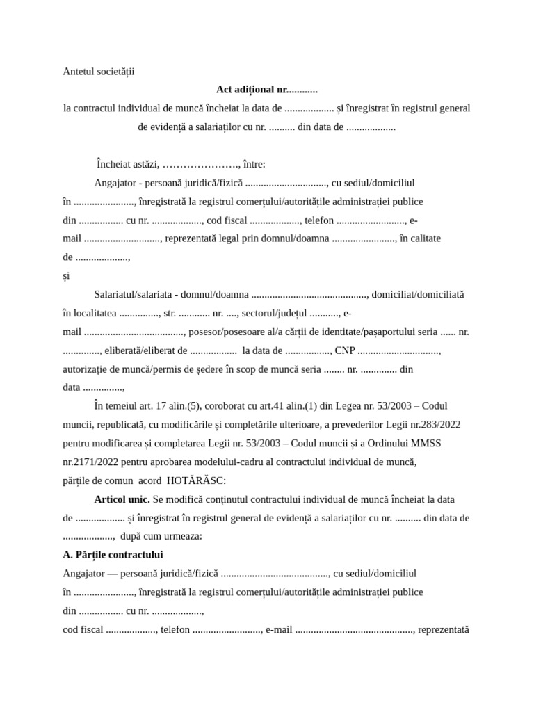 Act Aditional Modificare Dupa Contract Cadru 2023 | PDF